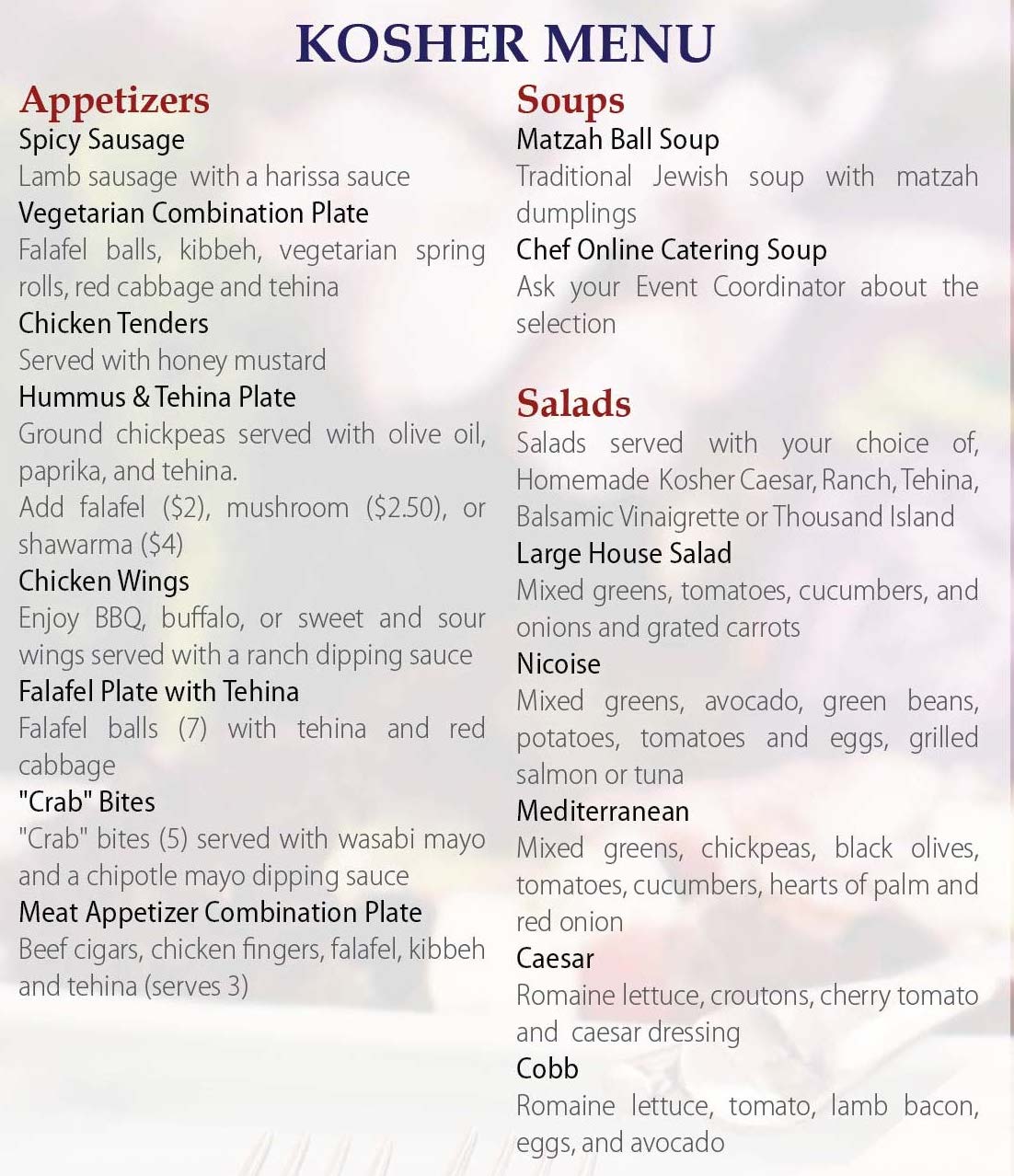 Kosher Menu | Chef online Catering